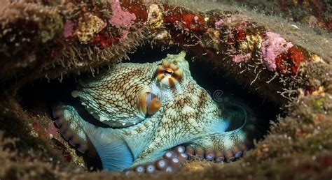 Octopus Hiding In Coral Reef Underwater Scene Stock Illustration