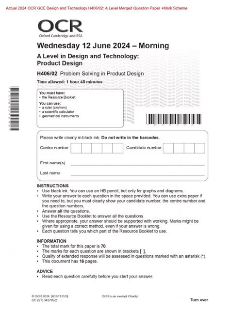 Actual OCR GCE Design And Technology H Problem Solving In Product Design ALevel