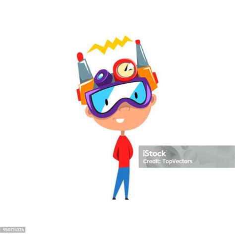 환상적인 머리 장식에서 귀여운 꼬마 과학자 소년 캐릭터에 물리학 흰색 배경에 과학 실험 벡터 일러스트 레이 션 개념에 대한 스톡