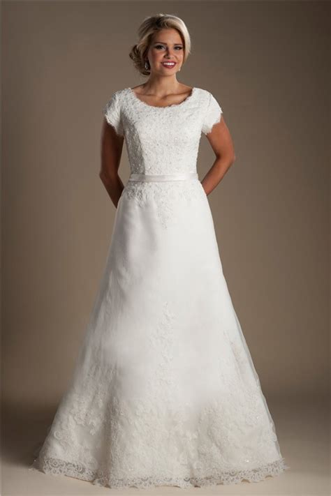 A Line Scoop Neck Cap Sleeve Tulle Lace Beaded Wedding Dress With Sash