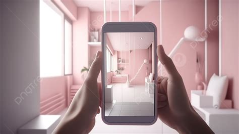 휴대폰으로 분홍색 침실 사진을 찍는 사람 3d 렌더링 손으로 스마트폰을 사용하여 스마트폰 기술을 사용하여 온라인 상점을