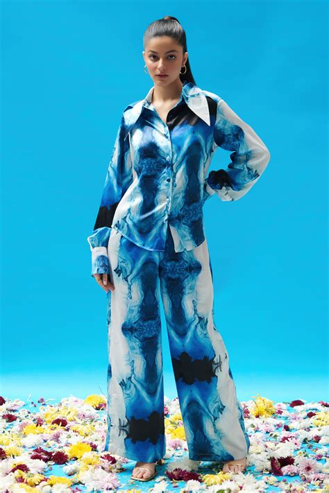 Buy Blue Satin Print Aqua Swerve Spread Collar Shirt With Pant For