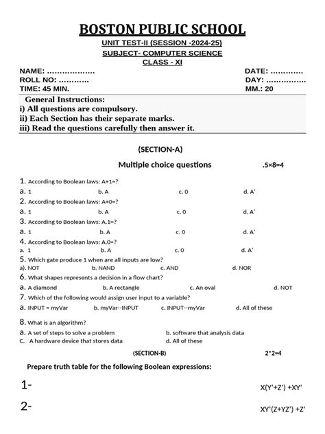 Class Xi Computer Science Unit Ii Pdf Algorithms Boolean Algebra