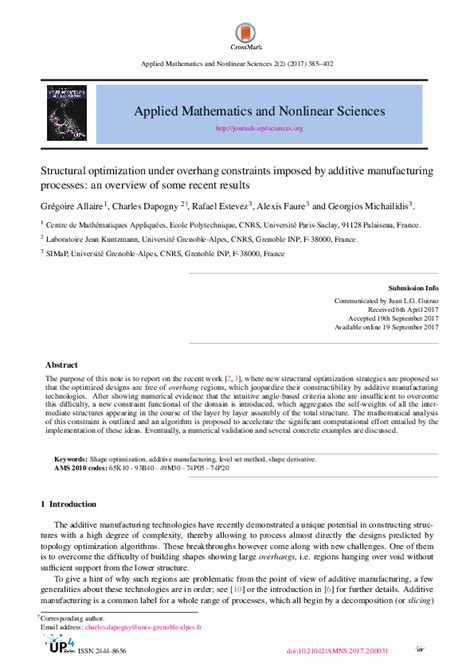 Pdf Structural Optimization Under Overhang Constraints Imposed By Additive Manufacturing