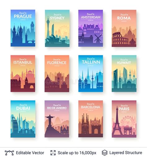 World Famous City Scapes Set Stock Vector Illustration Of High