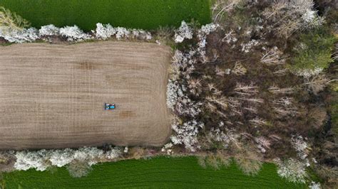 봄의 흔적 트랙터를 갈아엎은 들판 꽃이 만발한 나무 숲 속의 낙엽수와 소나무 개화기에 대한 스톡 사진 및 기타 이미지 개화기 경관 경작지 Istock