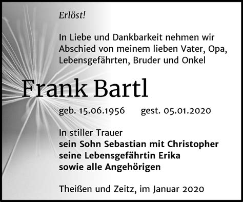 Traueranzeigen Von Frank Bartl Abschied Nehmen De