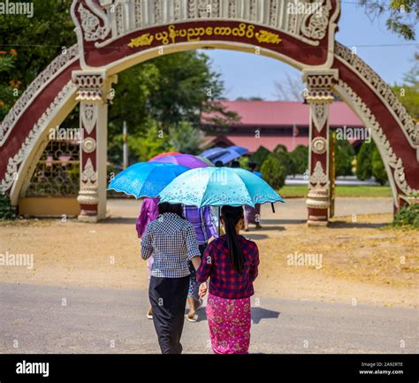 Girls Walk To School For Studying Weaving Bagan Mandalay Region