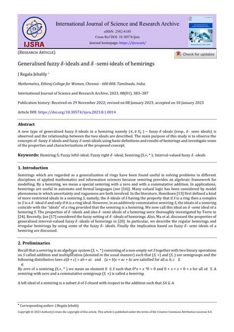 Pdf Generalised Fuzzy δ Ideals And δ Semi Ideals Of Hemirings