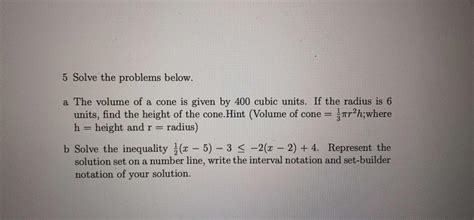 solved 5 solve the problems below a the volume of a cone is