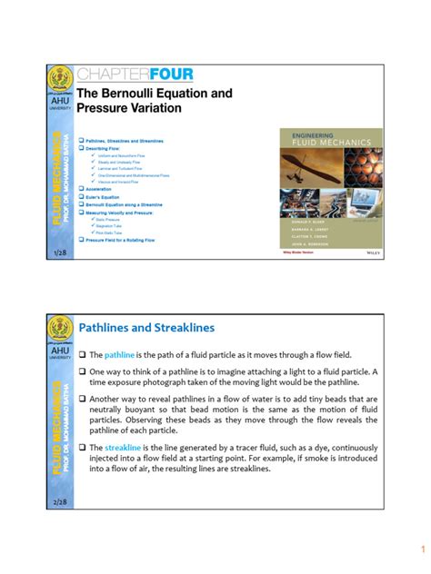 Chapter 4 The Bernoulli Equation And Pressure Variation Pdf Fluid Dynamics Acceleration