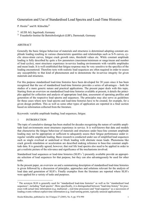 Pdf Generation And Use Of Standardised Load Spectra And Load Time