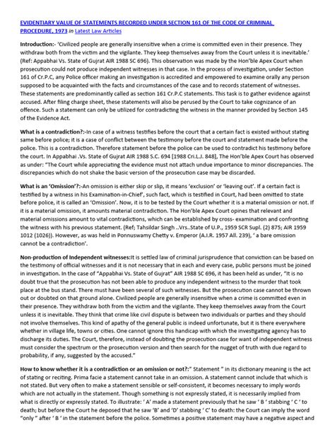 Evidentiary Value Of Statements Recorded Under Section 161 Of The Code