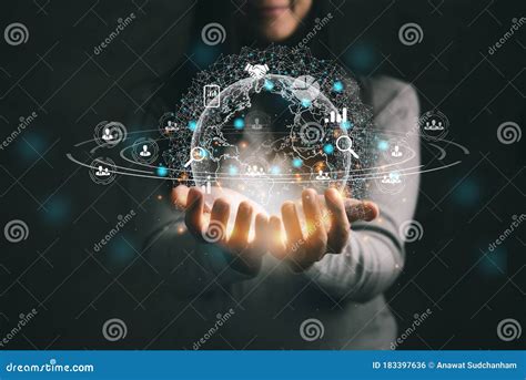 Businesswoman Holding Global Network Connection Big Data Analytics And Business Intelligence