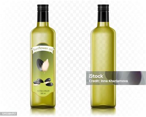 해바라기 기름 유리 병 모형 엑스트라 버진 오일 항아리 식품 요리 제품 유기농 채식 식단 검은 코르크가있는 식물성 기름 브랜드 항아리 사실적인 3d 벡터 소포에 대한 스톡