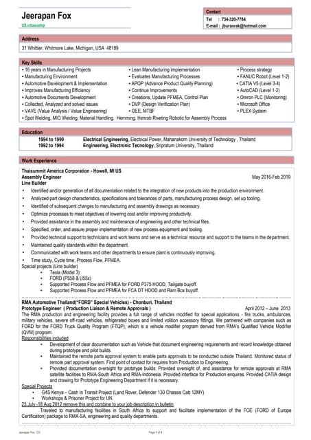 Jeerapan Fox Cv Assembly Engineer Pdf