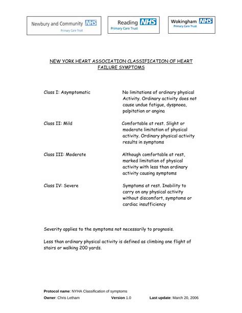 Pdf 9b Nyha Classification Of Symptoms Royal Berkshire Hospital Protocols And Guidelines