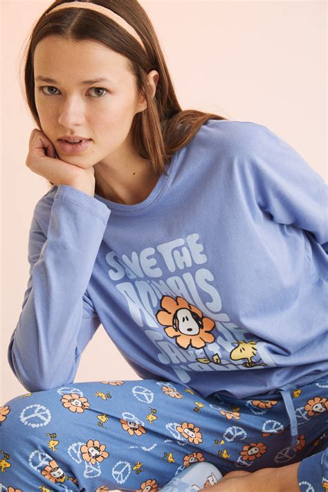 Pijama Larga 100 Algodón Snoopy Azul Pijamas Para Mujer Womensecret Mx