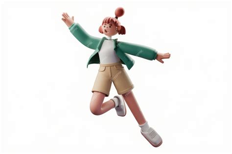 一個紅髮的3d卡通女孩伸出雙手跳到空中 Premium Ai Generated Image