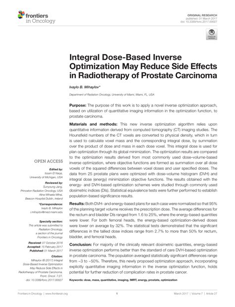 Pdf Integral Dose Based Inverse Optimization May Reduce Side Effects In Radiotherapy Of