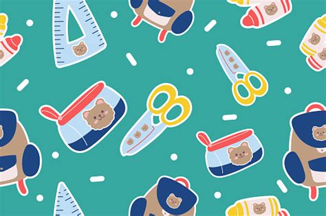 Kawaii Back To School Stationery 매끄러운 패턴 배경 귀여운 손으로 그린 사무용품 완벽한 키즈 의류