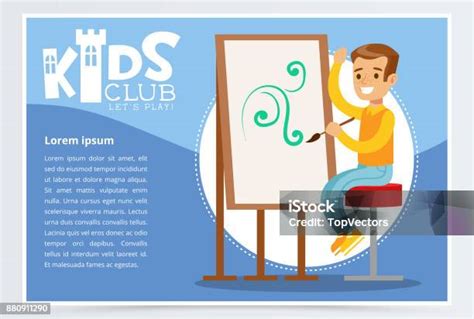 아이 소년 캐릭터의 자에 앉아서 장식 캔버스에 그림 포스터를 클럽 미술 수업에서 공부 다채로운 플랫 만화 벡터 광고에 대한 스톡 벡터 아트 및 기타 이미지 Istock