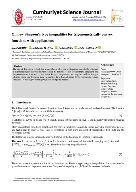 Pdf On New Simpsons Type ınequalities For Trigonometrically Convex