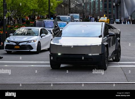 A Tesla Cybertruck Drives In Hudson Yards On April In New York
