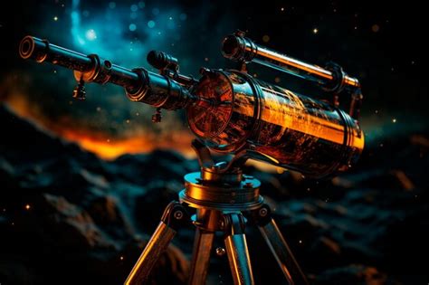 Premium Photo Old Antique Telescope In A Dark Sky Moon And Stars