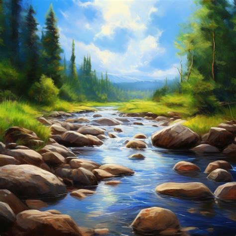 Art Summer Winding River Rocks — Image Created In Shedevrum