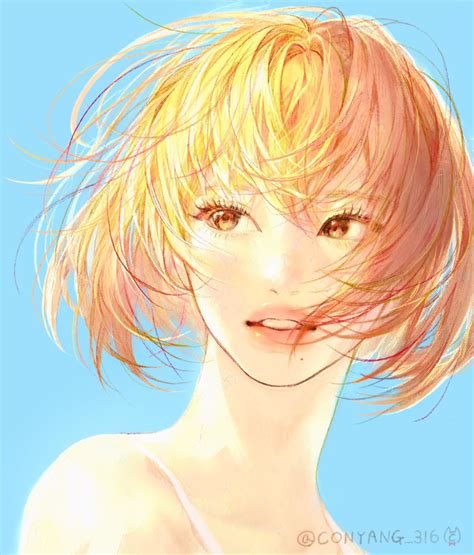 Safebooru 1girl Blue Background Brown Hair Conyang 316 Eyelashes