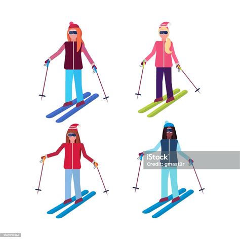스키 스포츠 활동 혼합 인종 여자 스키 고글을 착용 하는 세트 여성 여성 판지 문자 컬렉션 스포츠 우먼 플랫 절연 스키 전체 길이에 맞게 개체 그룹에 대한 스톡 벡터 아트