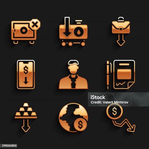 노동자 세트 글로벌 경제 위기 달러 환율 인하 계약 돈과 펜 금괴 모바일 주식 거래 서류 가방 및 금고 아이콘 벡터 가격에 대한 스톡 벡터 아트 및 기타 이미지 Istock