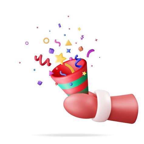 Premium Vector 3d Party Popper With Confetti In Santa Claus Hand