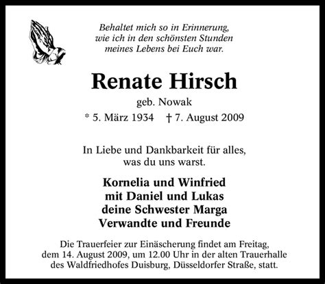 Traueranzeigen Von Renate Hirsch Trauer In NRW De