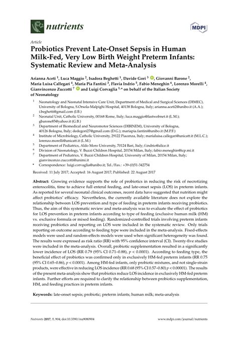 Pdf Probiotics Prevent Late Onset Sepsis In Human Milk Fed Very Low