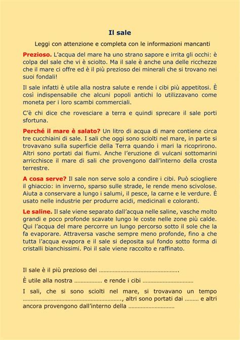 Il Sale Lettura E Comprensione Del Testo Worksheet Workbook School