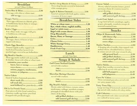 Menu At Native Cafe Pensacola Beach