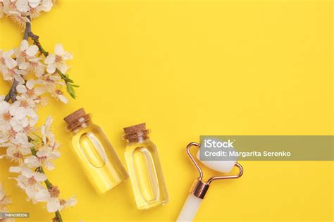 기름이 든 유리 병 피는 체리가있는 노란색 배경에 얼굴 마사지를위한 얼굴 롤러 화장품 얼굴 피부 관리 및 스파 자연 치료 개념