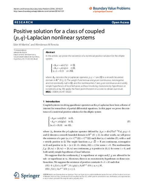 Pdf Positive Solution For A Class Of Coupled Pq Laplacian Nonlinear Systems