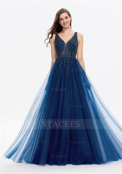 A Line Princess V Neck Sleeveless Lace Tulle Satin Sweep Train Prom