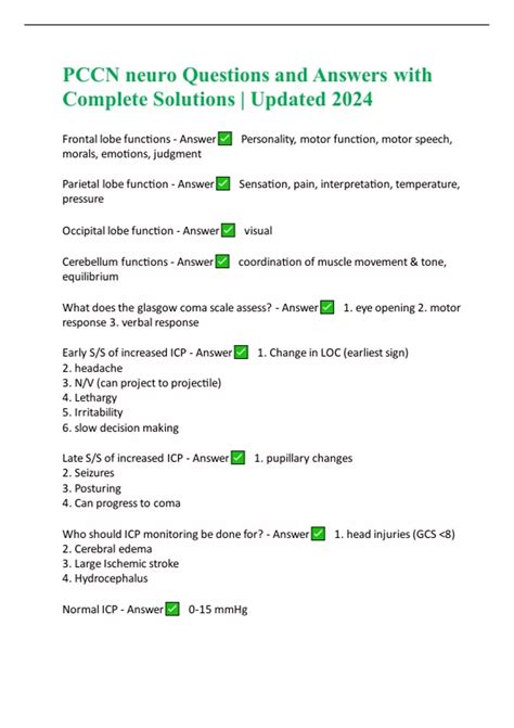 PCCN Neuro Questions And Answers With Complete Solutions Updated 2024 PCCN Stuvia US