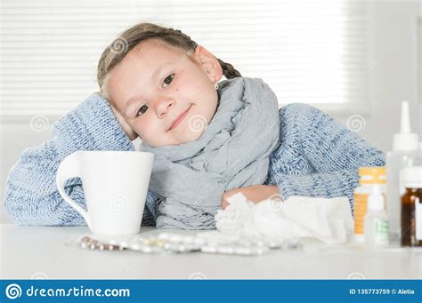Close Up Portrait Of Young Sick Girl With Medicines Stock Image Image