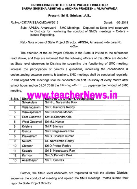 Smc Meeting District Level Observers For Monitoring As Per Rc 4037 Teachernews Latest Ap