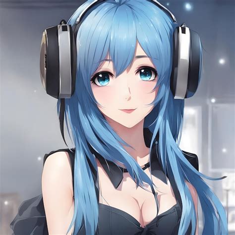 Premium Photo Anime Waifu Blue Hair With Headphones