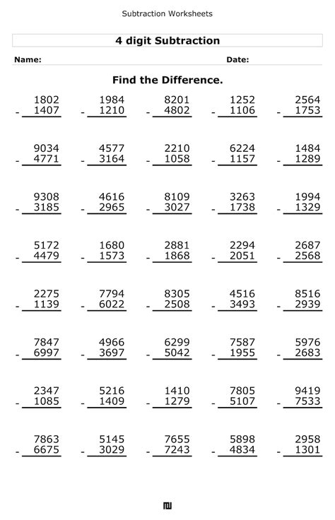 Digit Subtraction Worksheets Digit Minus Digit Subtraction Column Subtraction With