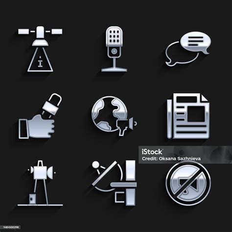 세계 뉴스 레이더 검열 우표 뉴스 안테나 저널리스트 말풍선 채팅 및 위성 아이콘을 설정합니다 벡터 Brand Name Online Messaging Platform에 대한