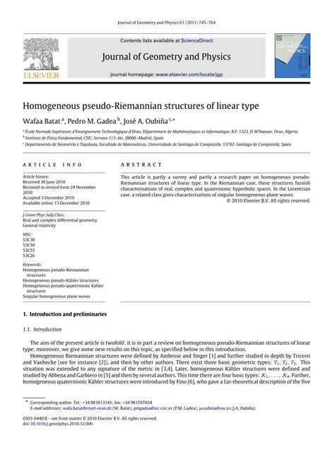 Pdf Homogeneous Pseudo Riemannian Structures Of Linear Type Dokumen
