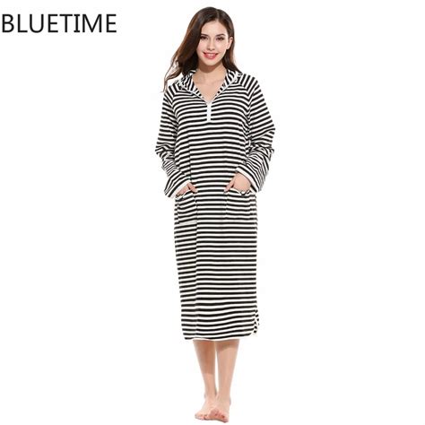 Bluetime Striped Night Dress Hooded Long Sleeve Autumn Nightwear Home