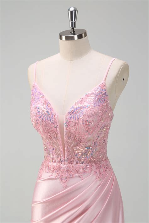 Zapakasa Women Light Pink Sparkly Sequins Prom Dress Mermaid Spaghetti